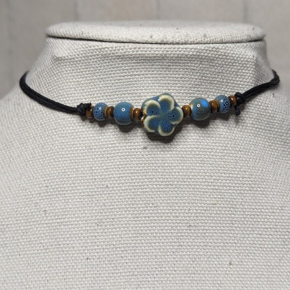 Handmade | Jewelry | Blue Flower Y2k Style Ceramic Beaded Hippie Adjustable Choker Stacking ...